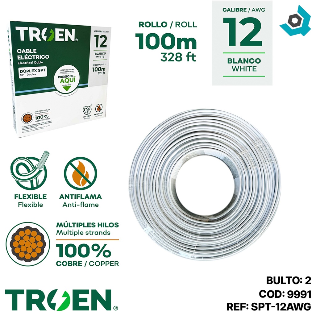 CABLE ELECTRICO 12 AWG X2 100M BLANCO TROEN | Litani Import Export